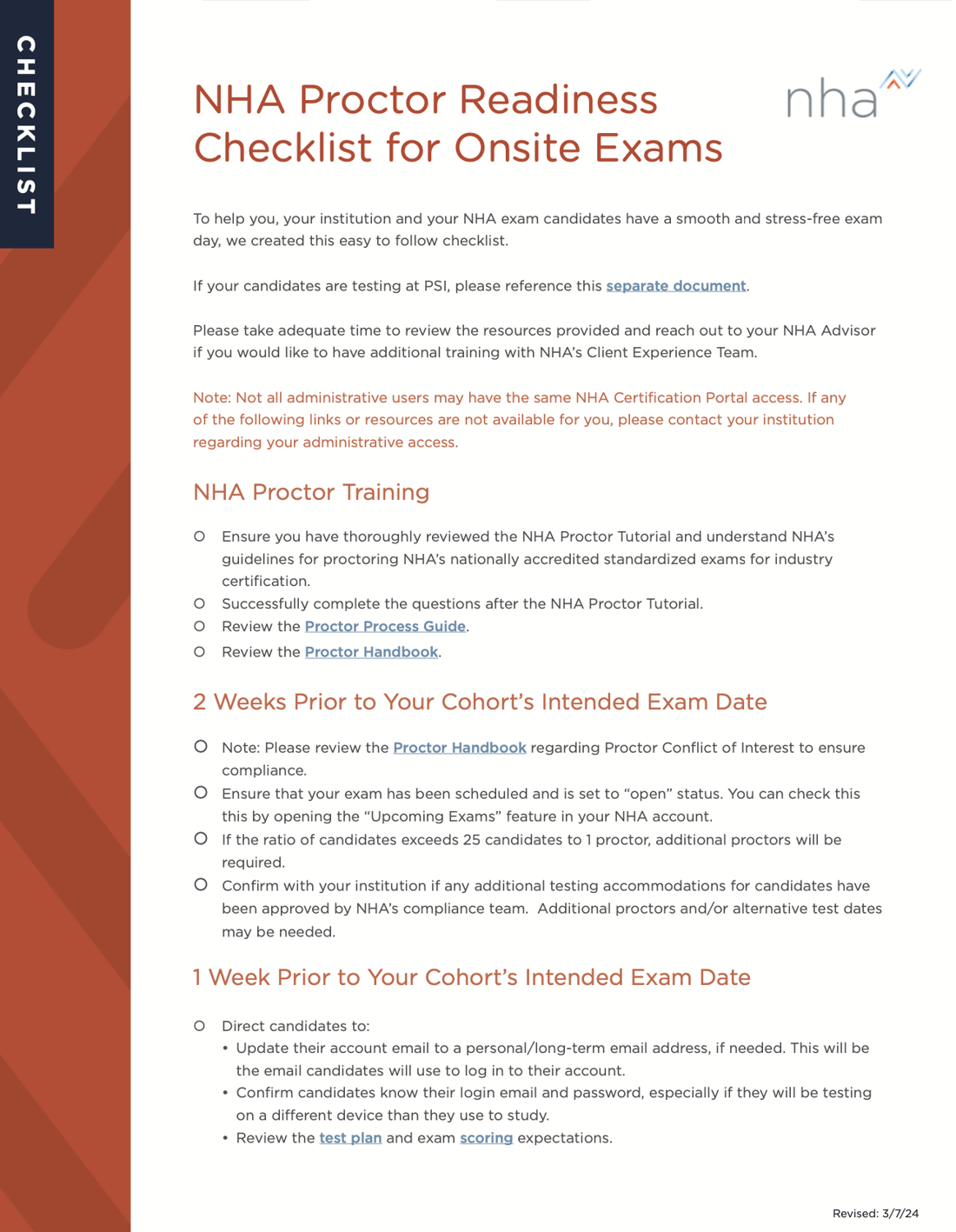 Proctor Readiness Checklist for Onsite Exams